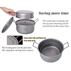 Boundless Voyage Titanium 1900mL Pot and 900mL Fry Pan Set with Steaming Rack and Lid Multifunctional Steamer Stockpot Outdoor Cooking Ultra Light Camping Cookware