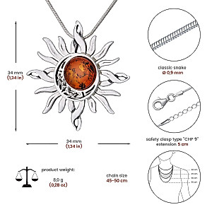 AMBEDORA Women's 925 Silver Oxidised Round Baltic Amber Celtic Sun & Moon Pendant on a Chain with a Snake Chain Gift Set