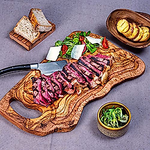 SOLTAKO Olive Wood Cutting Steak Board, Wooden Charcuterie Board, Large Cheese Board, Hand Made Serving Platter, Rustic Chopping Board with Juice Groove, Chopping Board with Handle (17,7")