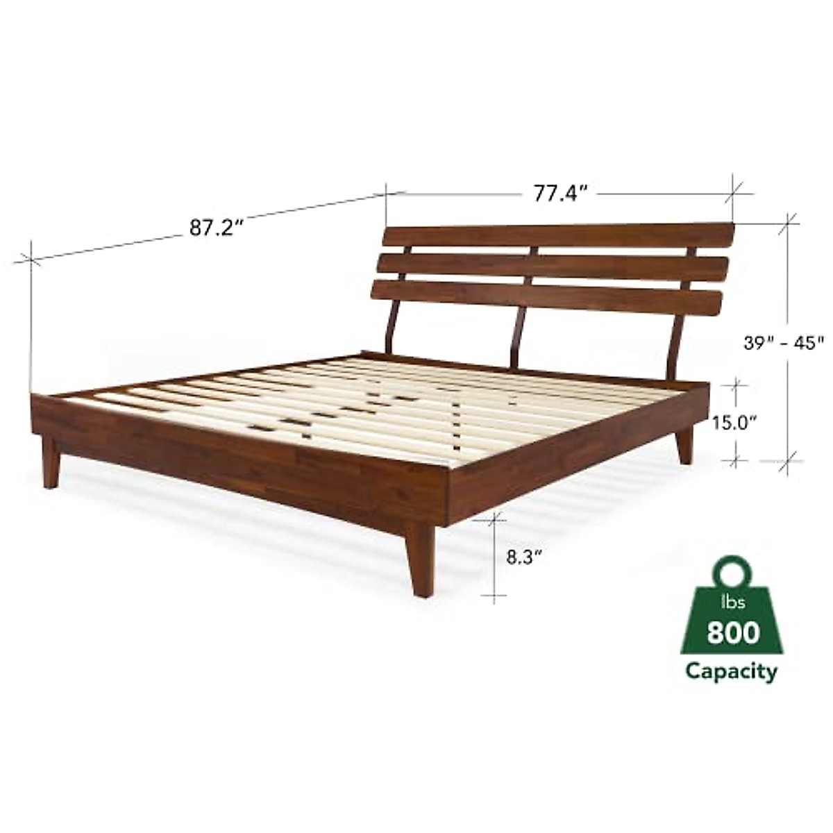 Bme Caden 15 Inch Deluxe Bed Frame with Adjustable Headboard - Mid Century, Retro Style with Acacia Wood - No Box Spring Needed - 12 Strong Wood Slat Support - Easy Assembly - Dark Chocolate, King