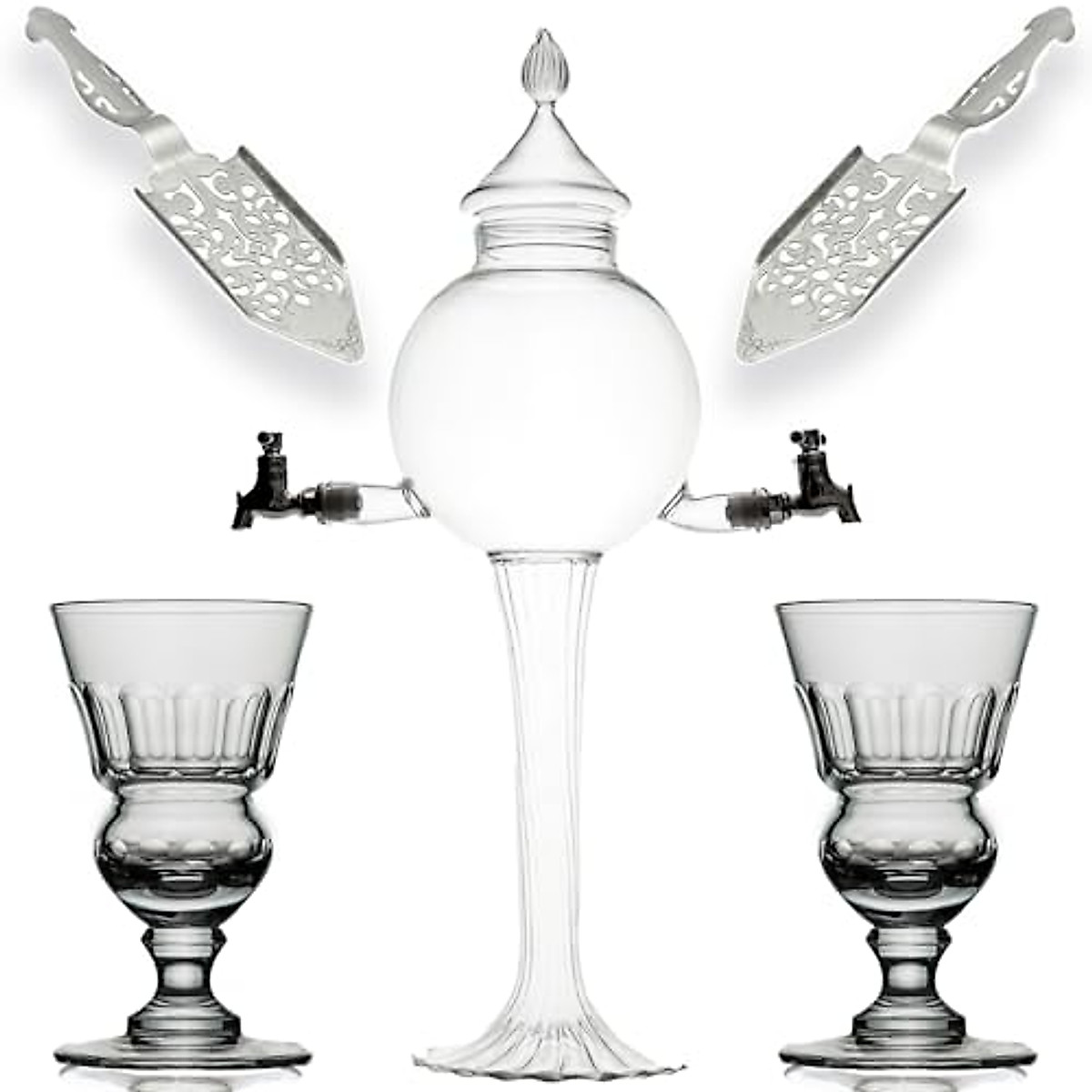 Absinthe Set - Glass Pearl Bubble Fountain Dripper with 2 Spouts, Absinthe Dripper Set, Complete with 2 Reservoir Pontarlier Glasses and Sugar Spoon Set