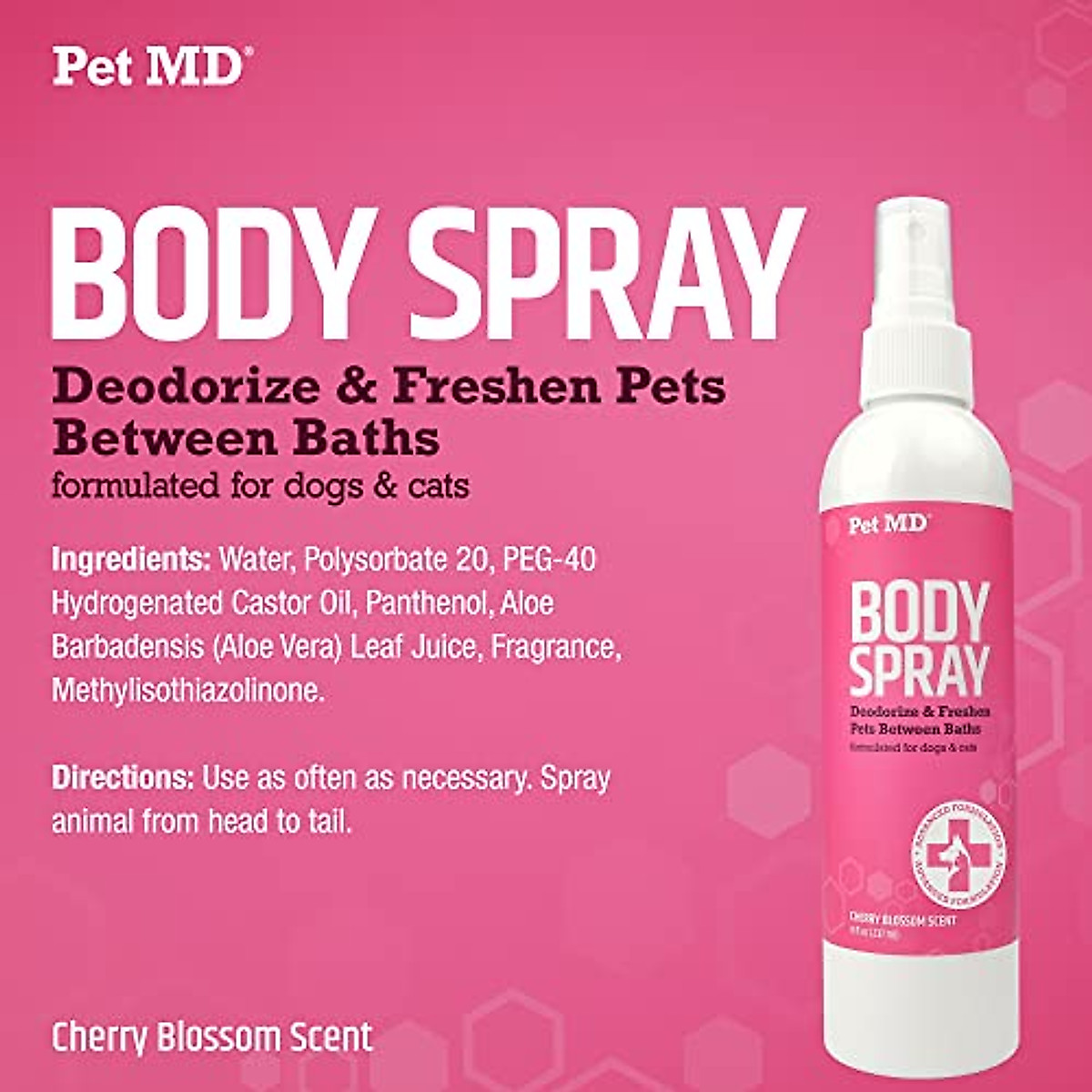 Pet MD Body Spray for Dogs & Cats, Deodorizing Dog Perfume Reduces Static & Eliminates Odor - Long-Lasting Pet Cologne Spray for Dogs - Cherry Blossom
