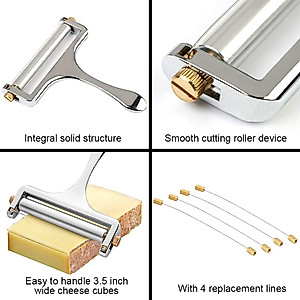 NANEEZOO Cheese Slicer, Adjustable Thickness Heavy Duty Stainless Steel Cheese Slicers With Wire for Soft & Semi-Hard Cheeses - 4 Replacement Stainless Steel Cutting Wire Included (Silver)