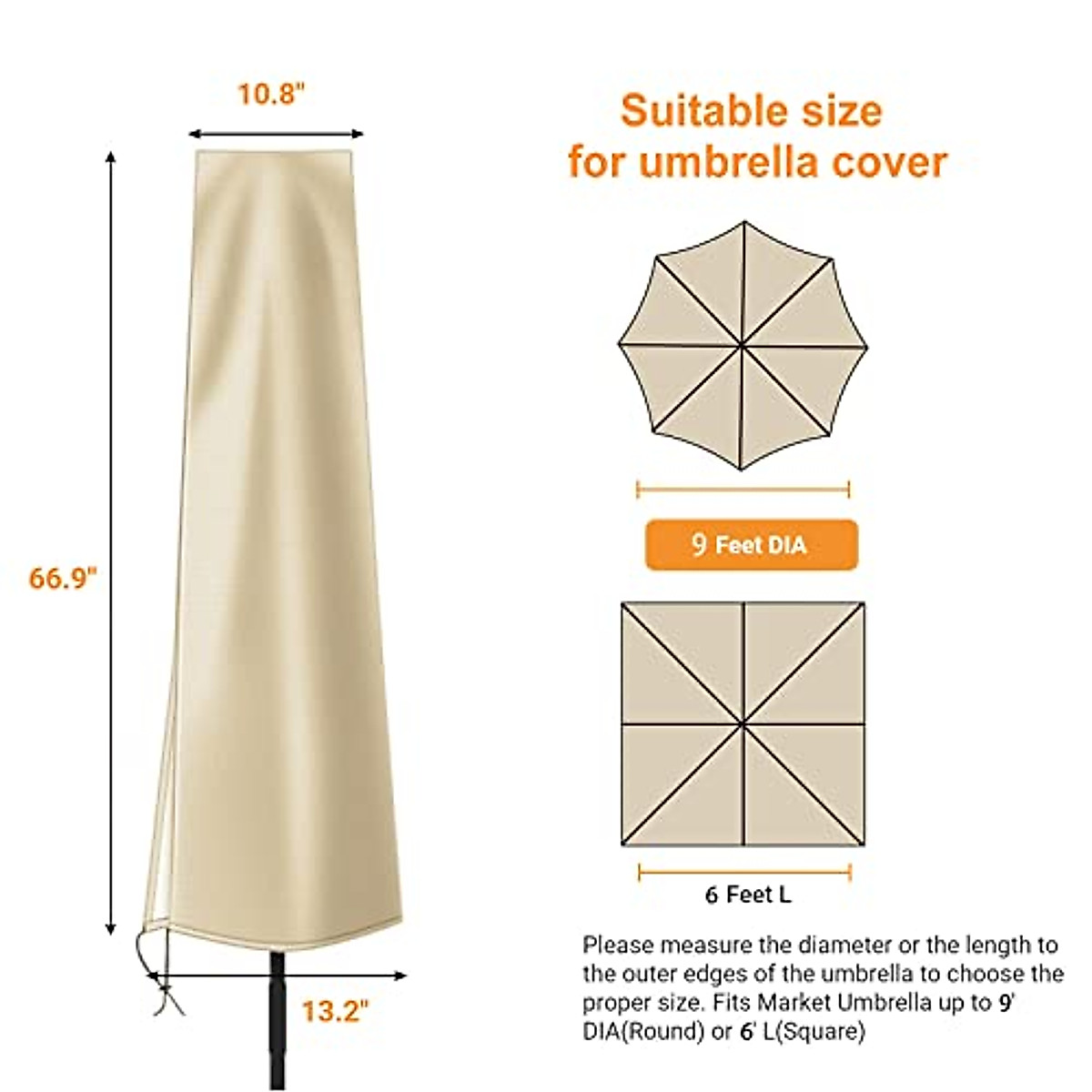 OKPOW Umbrella Covers for Outdoor Umbrellas - Small Patio Umbrella Cover for 6 ft to 9 ft Outdoor Table Umbrella - Waterproof Windproof Anti-UV Garden Parasol Covers, Khaki