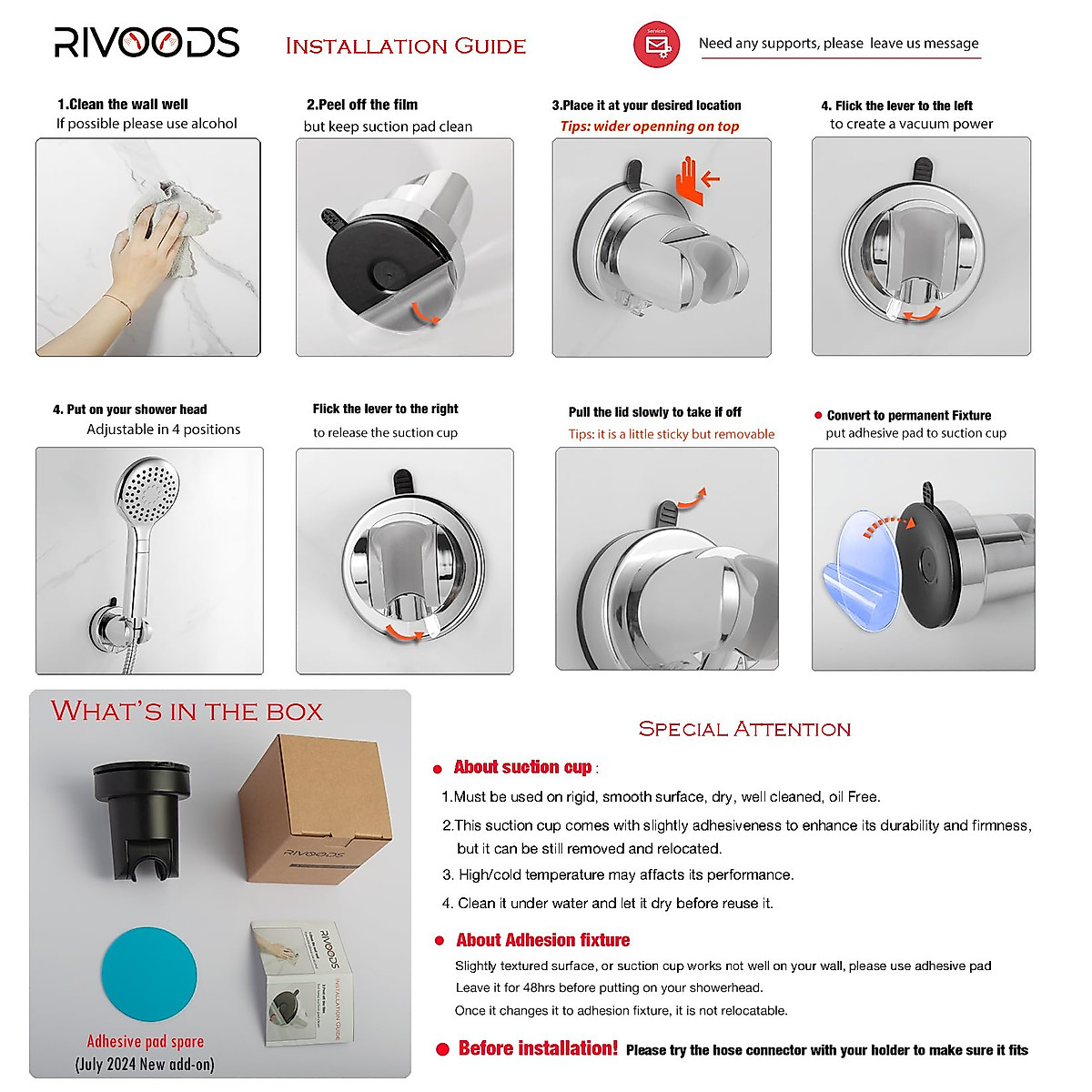 Handle held Shower Head Holder Suction Cup - Retachable - 5 Positions Adjustable - Bathroom Wall Mounted Shower Hose Holder - (Matte Black)