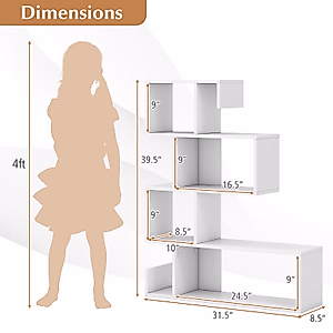 Tangkula S-Shaped Bookshelf, 5-Tier Modern Geometric Stepped Bookcase with Anti-Tipping Kits, Freestanding Corner Ladder Display Rack for Living Room Home Office (1, White)