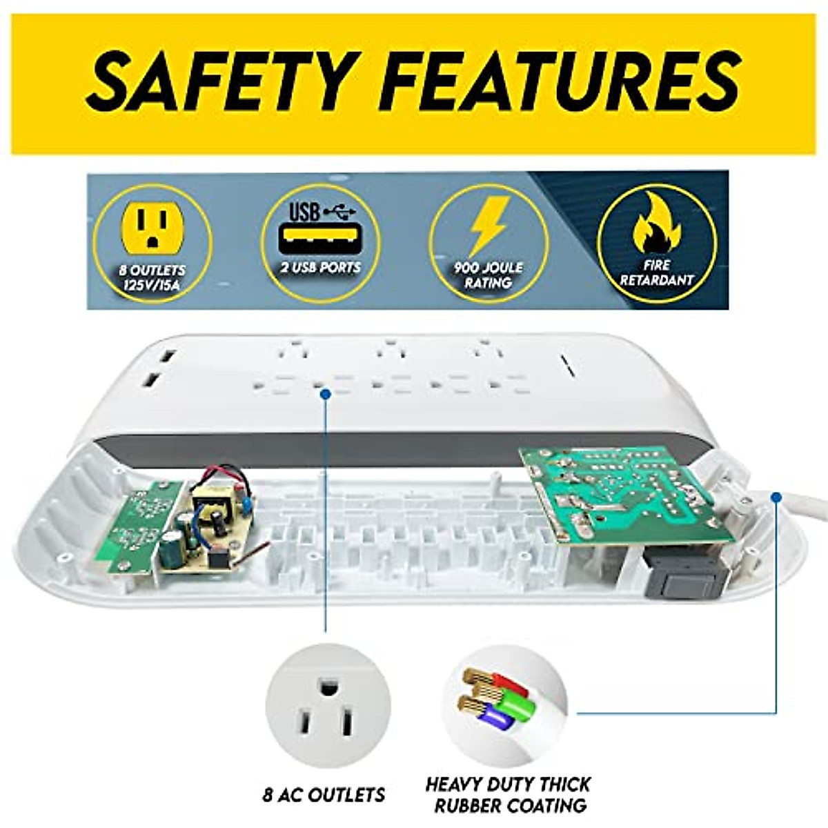MaxWorks 50390 900 Joule 8 Outlet Power Strip with 2 USB Charging Ports, 8 Foot Power Cord 1875W 15A 125V 60HZ SJT 14/3