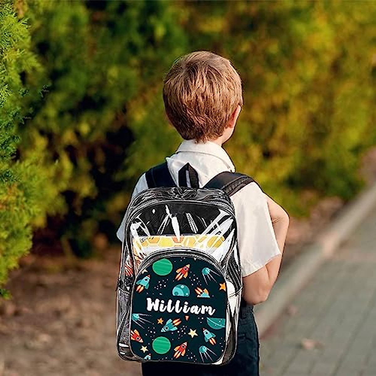 Ecautly Personalized Clear Backpack for Boys, Custom Rocket Pattern Clear Backpack with Name, PVC See Through Transparent for Boys School Waterproof Backpack, Back to School Gifts for Boys Kids