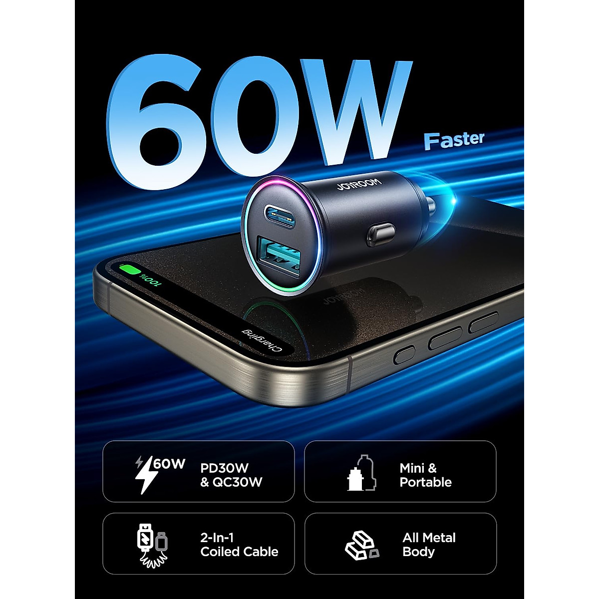 JOYROOM USB C Car Charger,【USB A/C to USB-C Coiled Cable】60W Super Fast Car Phone Charger 【Mini & All Metal】iPhone Car Charger Adapter for iPhone 15/14/13/12/11 Pro/11/X, Note 9/20 Galaxy S23/S10/S9