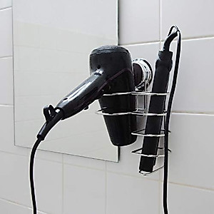 Navaris Hair Dryer and Flat Iron Holder - Suction Cup Wall Mount Blow Dryer and Straightener Mounted Storage Organizer for Bathroom - Stainless Steel