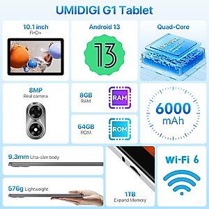 UMIDIGI G1 Tab Android 13 Tablet 2024, 8（4+4） GB+64GB 1TB Expand, Wi-Fi 6 Model, 10.1 inch Tablet with Quad-Core Processor up to 2.0 GHz, 6000mAh, Dual Camera, BT, 1280 * 800 HD IPS Touch Screen