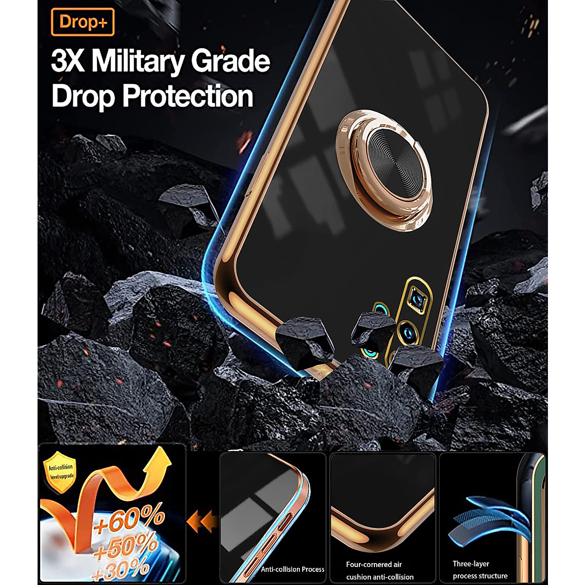 Wousunly Compatible with Huawei P30 Pro Case Ring Holder Magnet Green, Huawei P30 Pro Phone Case Silicone Shockproof Plate Luxury Slim Cover (Black)