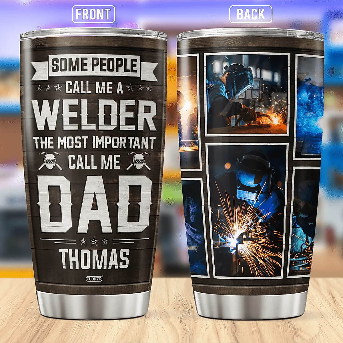 CUBICER Personalized Coffee Tumblers Custom Photos And Name Welder Dad Tea Mugs For Men Father Papa Grandpa Double Walled Stainless Steel Tumbler Insulated Drinking Cup With Lid