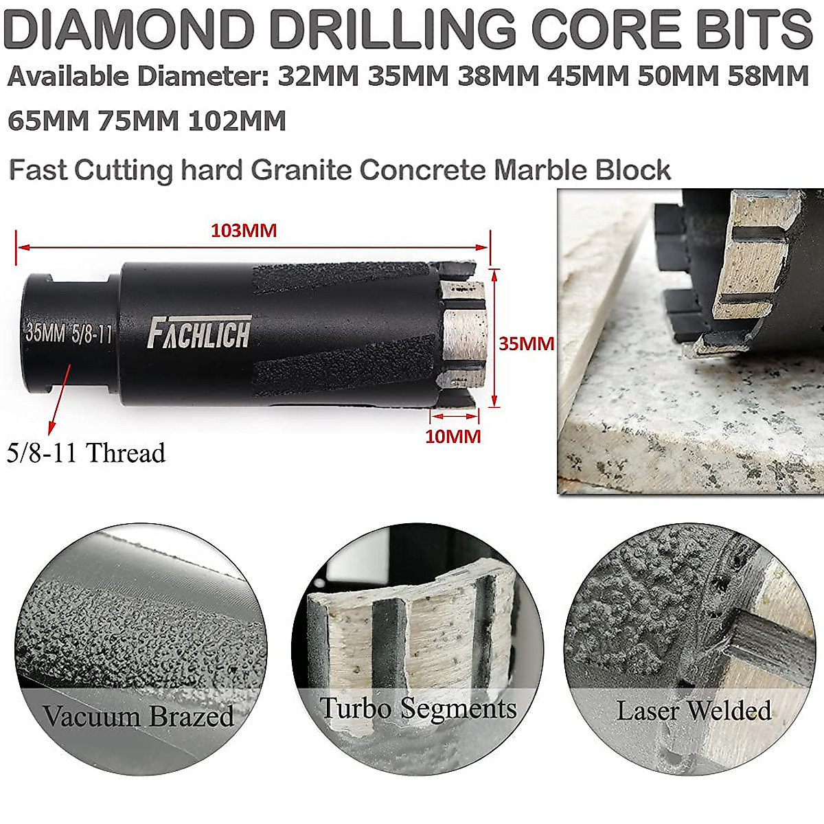 FACHLICH Diamond Core Drill Bit - 1-3/8" Granite Hole Saw 35mm Dry Core Bit for Dry Drilling Concrete Granite Marble Laser Welded