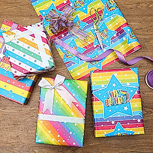 THMORT Birthday Wrapping Paper for Kids, Boys&Girls, Adults. Gift Wrapping Paper With Star, Rainbow stripe line Happy Birthday 4 Colorful Designs for Baby Shower, Holiday, Party Pack of 12 Sheets 20 X 29 Inch