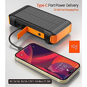 OOPOWEROO Solar Power Bank 20000mAh Built in Hand Crank and 4 Cables 22.5W Fast Charge Power Bank 5 Outputs & 5 Inputs Solar Portable Charger, SOS/Strobe/Strong Flashlights, Carabiner (Orange)