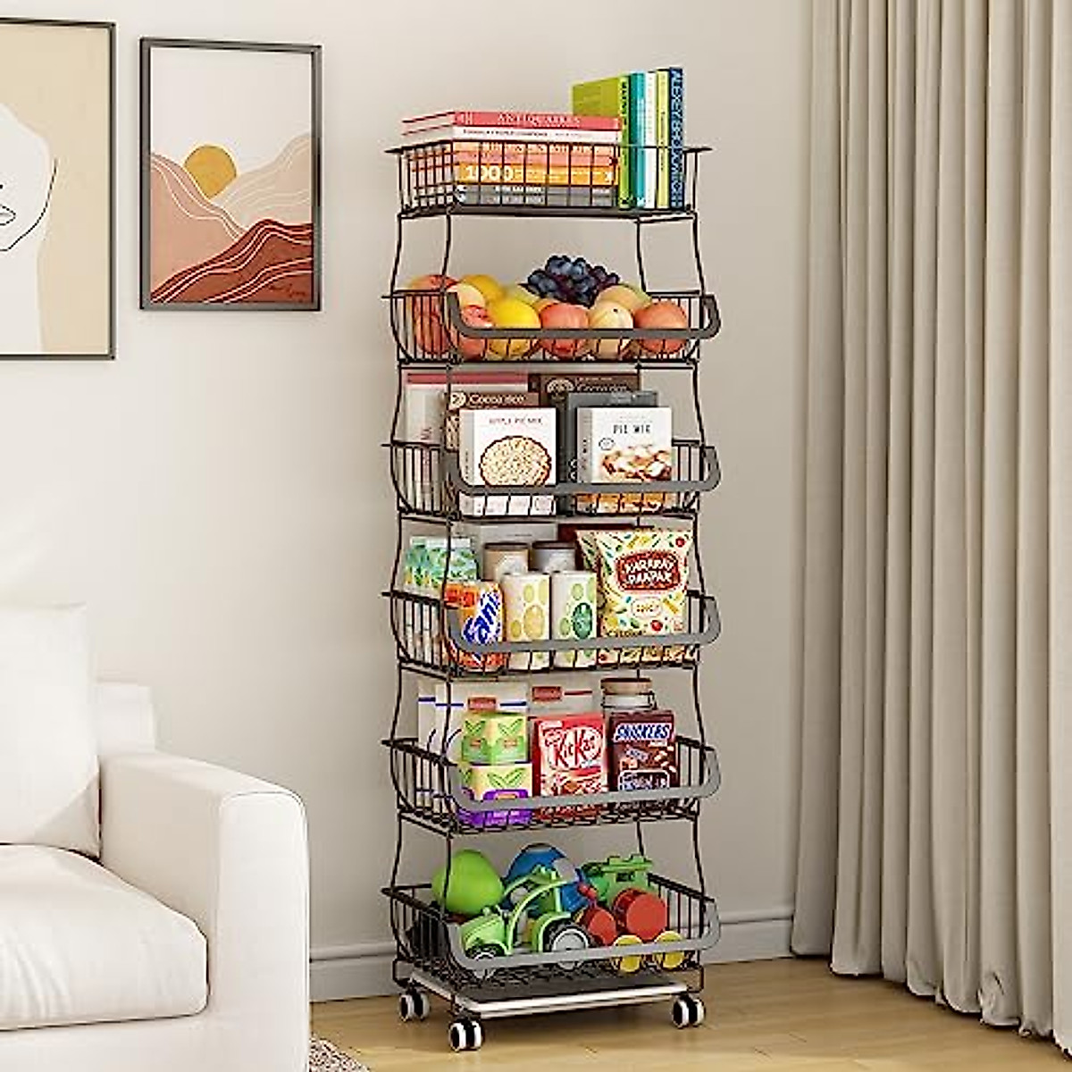 Wisdom Star 6 Tier Fruit Vegetable Basket, Wire Storage Basket Organizer Utility Cart with Wheels, Vegetable Basket Bins for Onions and Potatoes, Fruit Vegetable Storage Cart for Kitchen, Black