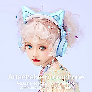 YOWU RGB Cat Ear Headphone 4, Upgraded Wireless & Wired Gaming Headset with Attachable HD Microphone -Active Noise Reduction, Dual-Channel Stereo & Customizable Lighting and Effect via APP (Blue)