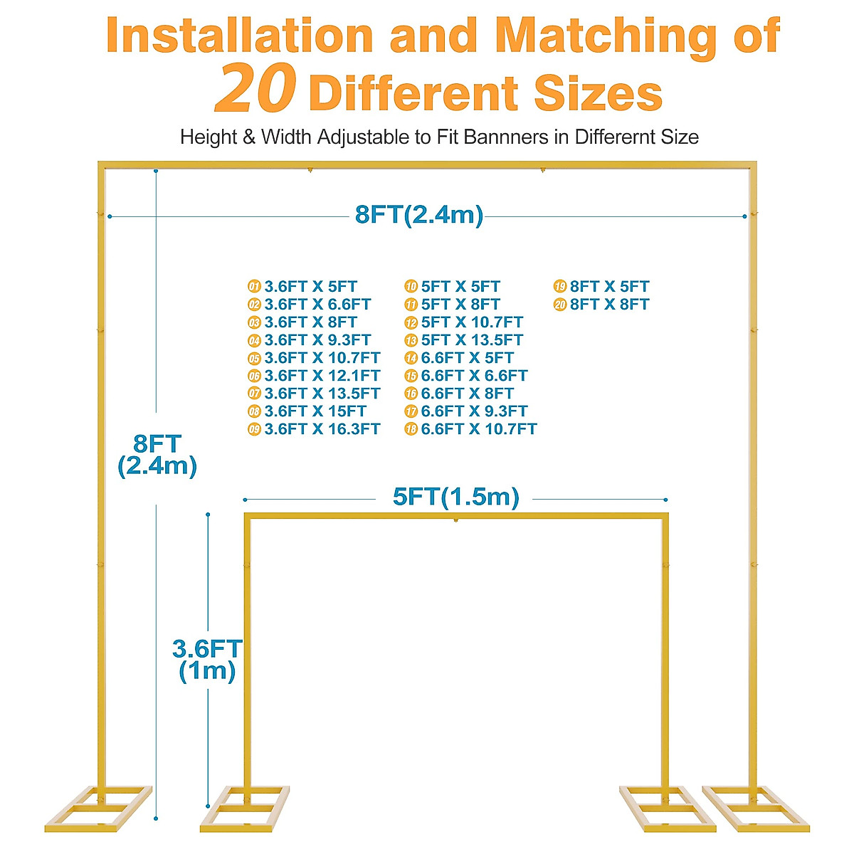 Heavy Duty Backdrop Stand 8ft x 8ft Gold Pipe and Drape Backdrop Stand Kit Adjustable Metal Backdrop Sand for Wedding Photobooth Exhibition Decoration