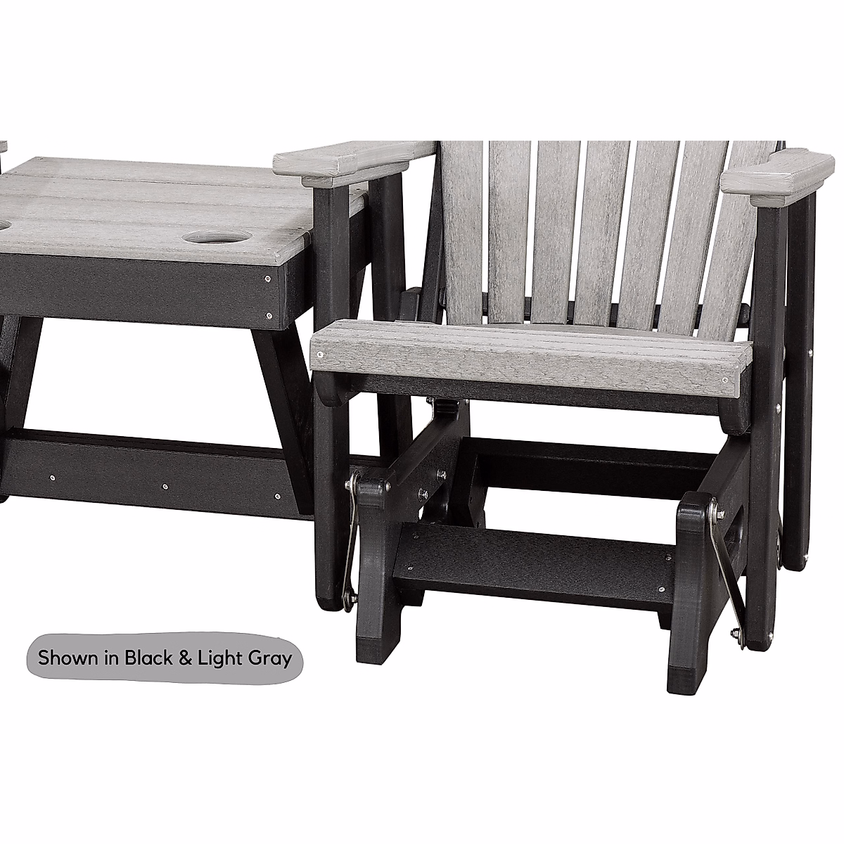 DutchCrafters Slat Fan Back Double Poly Adirondack Glider Outdoor Patio Chairs with Center Table (Black & Cedar)