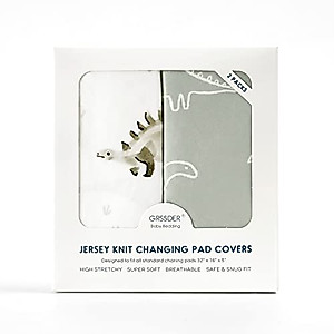 GRSSDER Stretch Ultra Soft Jersey Knit Changing Pad Cover Set 2 Pack, Change Table Pad Covers Fit 32"/34" x 16" Pads Safe and Snug, Pretty Pattern for Baby, Dinosaur