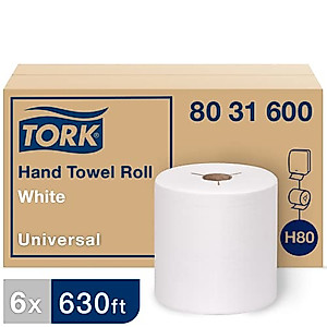 Tork Hand Towel Roll White H80, Universal, 100% Recycled Fiber, 6 Rolls x 630 ft, 8031600