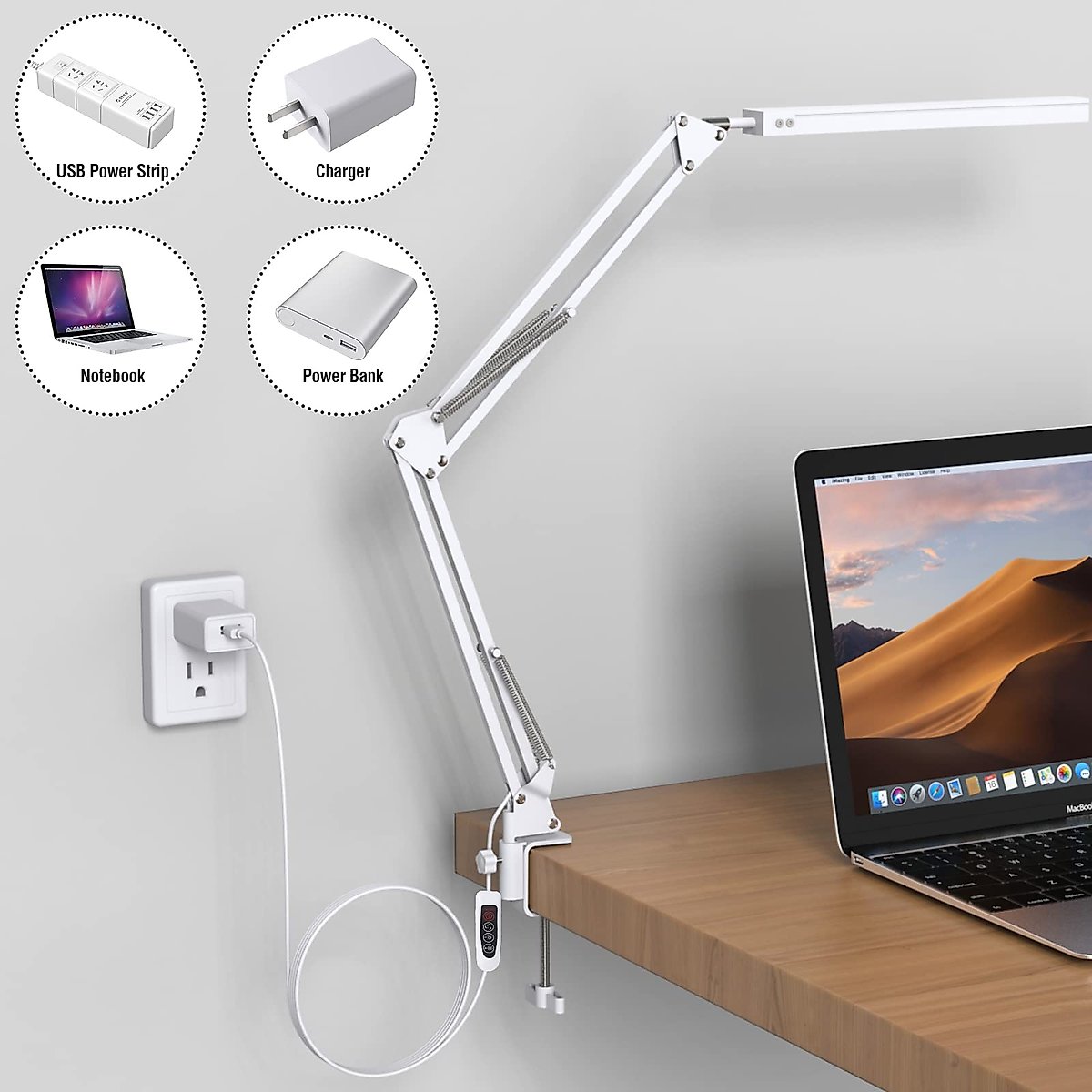 TROPICALTREE LED Desk Lamp, Swing Arm Desk Light with Clamp, 3 Lighting 10 Brightness Eye-Caring Modes, Reading Desk Lamps for Home Office 360°Spin with USB Adapter & Memory Function white-14W