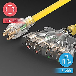 TOOLIOM Generator Extension Power Cord 25 Feet NEMA L14-30P to Four 5-20R/5-15R 30A 125/250 Volt 7500 Watts 4 Prong 10 Gauge Fan-Style Generator Cable with Protector Breaker