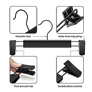 GUANJUNE 10 Pack Clothes Pants Hangers, Space-Saving Skirt Holders with 360 ° Swivel Hooks, Adjustable Clips, Trouser Hangers, Clothes Coat Garment Jeans Hangers, Black