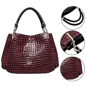 Women Large Alligator Pattern Faux Leather Top-handle Bag Evening Party Handbag Travel Tote Crocodile Dark Red
