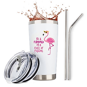JENVIO Flamingo Gifts for Women | Large 20 Ounce White Wine/Coffee Stainless Steel Tumbler/Mug with Lid | Unique Inspirational Encouragement Pink Design Funny Cup Valentine's Day Gift