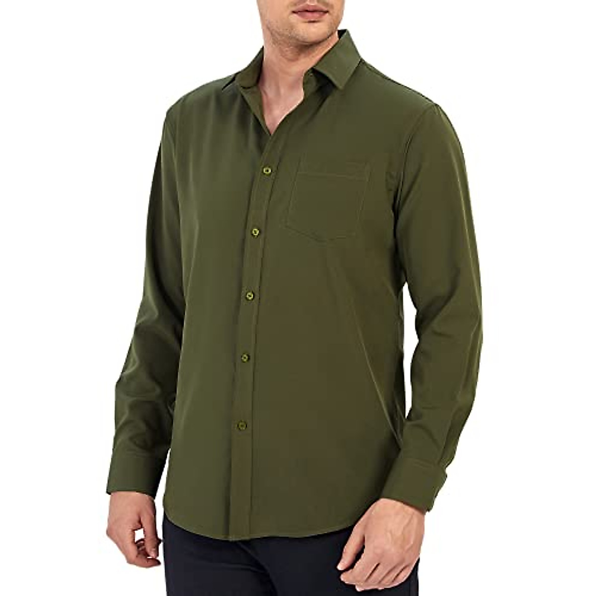 Echoph Mens Dress Shirts Long Sleeve Wrinkle Free Regular Fit Casual Business Button Down Shirt Army Green L