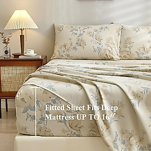 VClife Modern Floral Sheets Full Size Bedding Sets Khaki Taupe Beige Blueish Gray Floral Printed Sheets with 16" Extra Deep Pocket, 4 pcs Washed Microfiber Sheet Sets, Fade Resistant