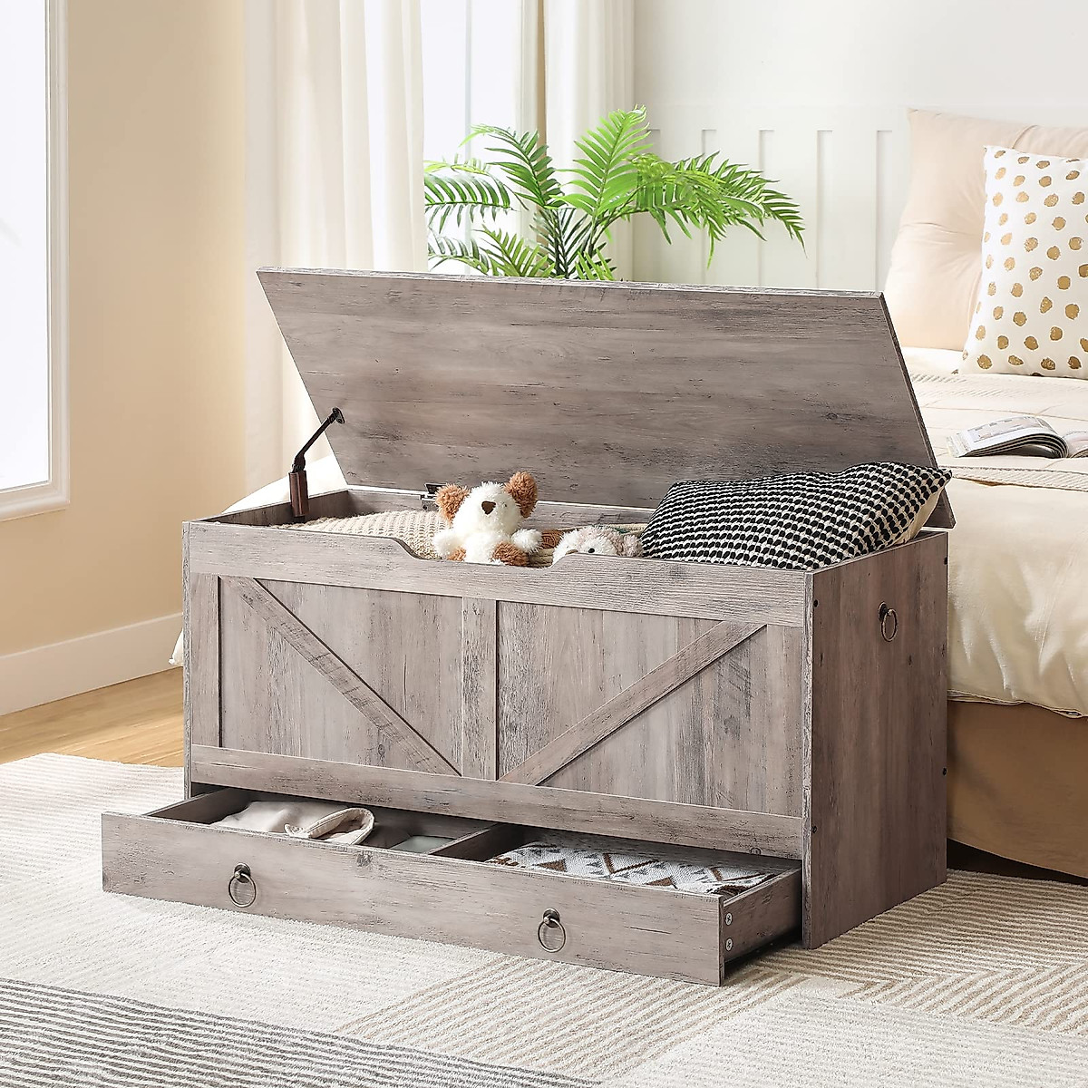 HOOBRO Storage Chest, 39.3" Toy Chest with Drawer, Wooden Storage Bench, Sturdy Entryway Bench Supports 220 lb, Shoe Bench, Safety Hinge, U-Shaped Opening, Easy Assembly, Greige BG710CW01