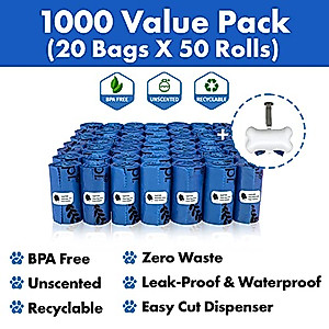 GORILLA SUPPLY Dog Poop Waste Bags with Dispenser and Leash Tie, 9" x 13", Blue, 1000 Count