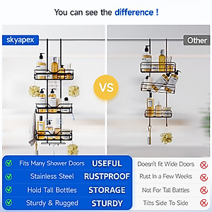 Shower Caddy Over the Door Organizer: Bath Rack Hanging Over Glass with Hooks - Storage Shelf Inside Bathroom for Shampoo - Matte Black
