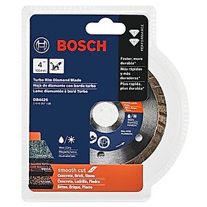 BOSCH DB442S 4 In. Standard Turbo Rim Diamond Blade with 5/8 In., 7/8 In. Arbor for Smooth Cut Wet/Dry Cutting Applications in Concrete, Brick, Stone, Masonry
