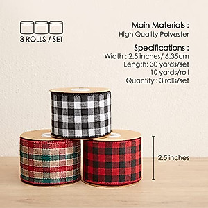 Vitalizart Buffalo Plaid Ribbon Set 2.5" x 30Yd Wired Gingham Ribbon for Christmas Tree Home Decoration Wreath Handmade Crafts Gift Wrapping Bow Making (Black White Red Green)