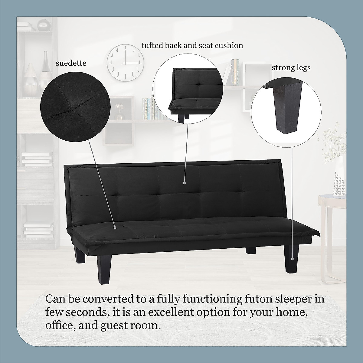 Jmaxo Convertible Folding Sofa Bed, Modern Futon Upholstered Couch Backrest, 3 Angles Adjustable Back for Compact Living Spaces,Apartments Office Dorms, Black