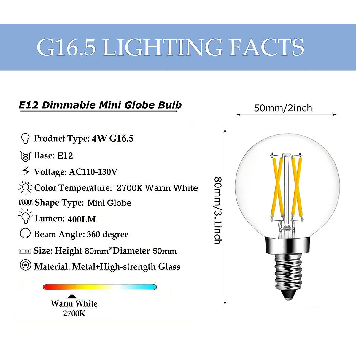 Dimmable E12 Candelabra LED Edison Bulbs, 4W Equal to 40 Watt G16.5 Mini Globe Light Bulbs, 2700K Warm White, E12 Mini Globe Bulb for Chandeliers, Ceiling Fan, Pendant 5-Pack