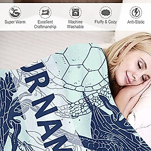 Personalized Sea Turtle Blanket with Name - Soft, Fuzzy & Warm - 40"x50" Small Blanket for Couch, Sofa - Blue Cute Throw Gifts for Adults, Kids