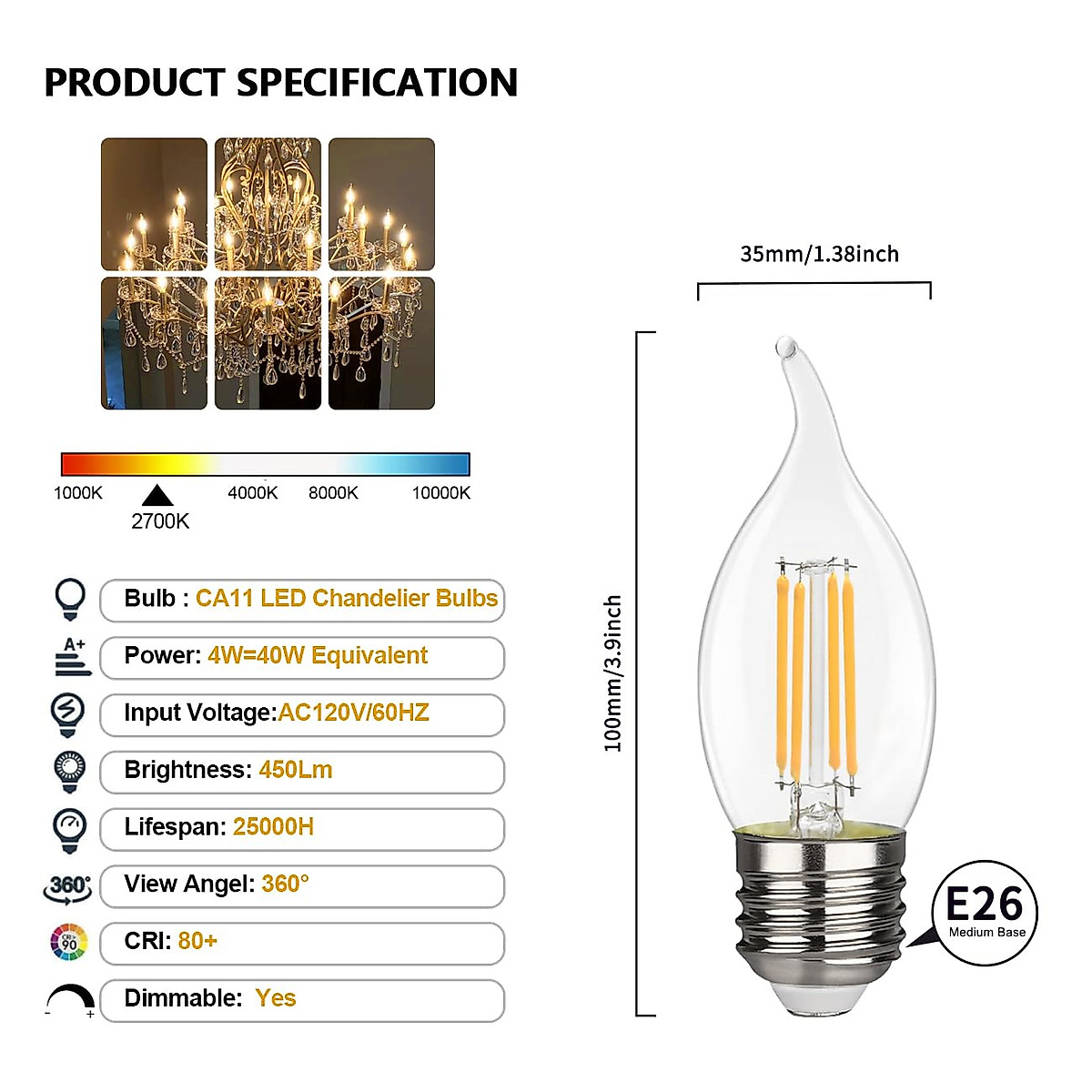 KGC LED Candelabra Bulb, 2700K Warm White 450LM, LED Dimmable Edison Bulb, 4.5W Equivalent to 50W, E26 Medium Base LED Candle Bulbs, CA11/C35 Clear Glass Flame Shape Bent Tip - 6 Pack