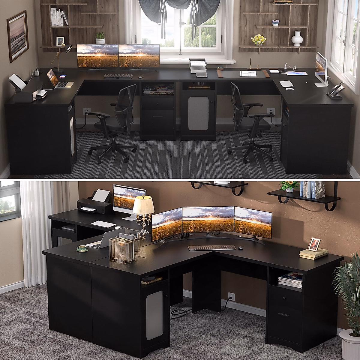 Unikito L Shaped Desk with Drawers, 60 Inch Office Desk with Power Outlet & USB Charging Port, Large Corner Computer Desk with File Cabinets, 2 Person Sturdy Executive Desk with Storage Cabinet, Black