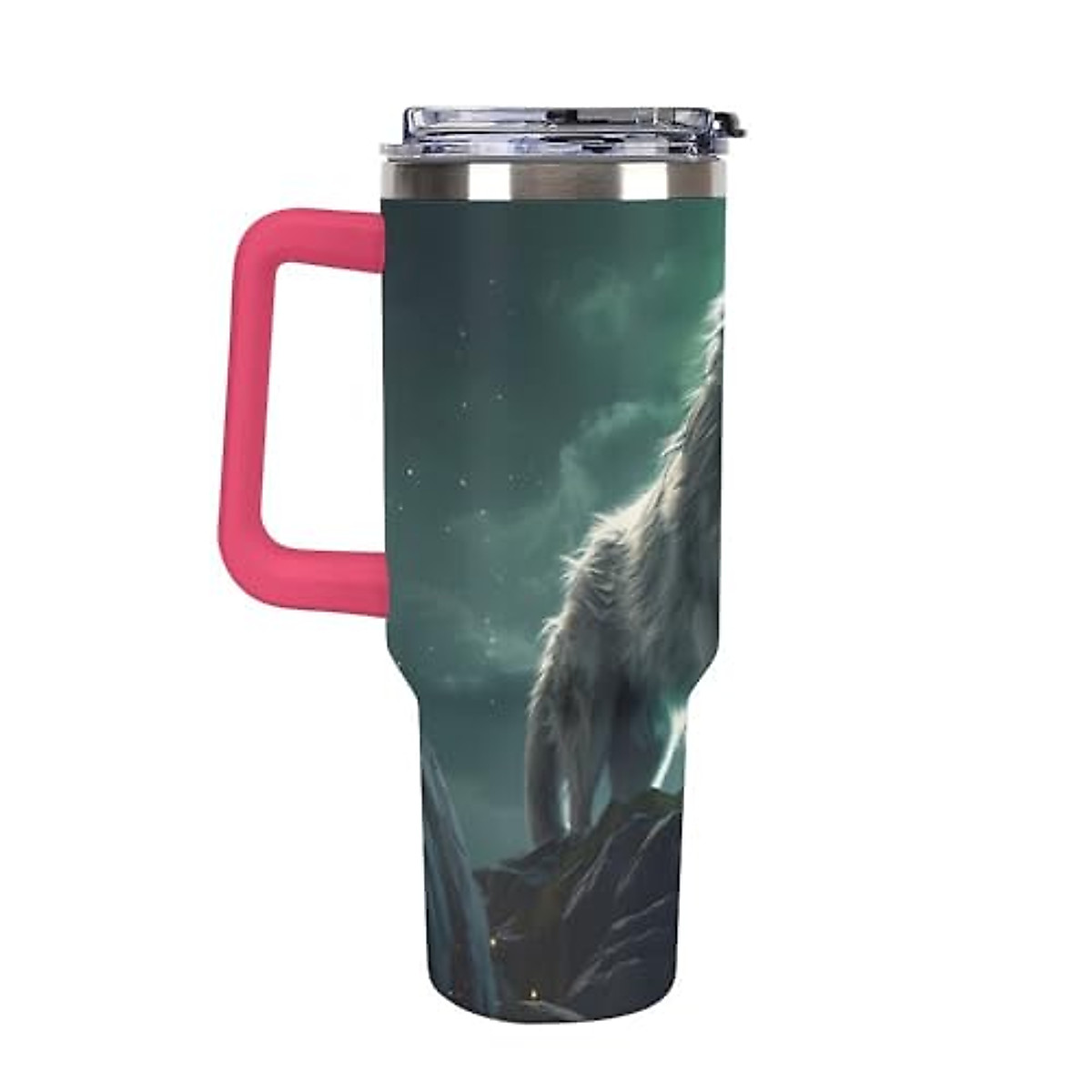 Wolf Full Moon 40 Oz Car Cup Stainless Steel Travel Mug Leak-Proof Insulated Tumbler with Handle Light Rose Red-style