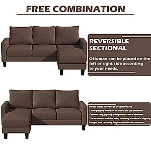 YESHOMY Convertible Sectional 3 L-Shaped Couch Soft Seat with Modern Linen Fabric, Small Space Sofas for Living Room, Apartment and Office, 70'', Brown