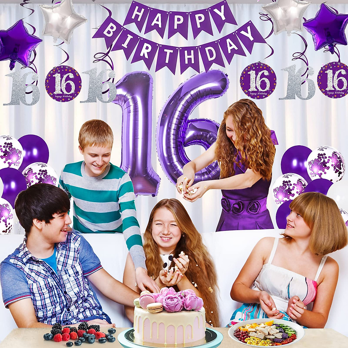 Sweet 16 Birthday Decorations, Purple 16th Birthday Party Decorations for Girls Boys Teenager, HAPPY BIRTHDAY Banner Bolloons Silver Number 16 Balloons for Him & Her 16 Years Old Birthday Party
