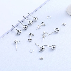 780 Pieces 3 Sizes Ball Post Earring Studs with Loop 4 mm 5 mm 6 mm Round Ball Earring Posts, Butterfly Earring Backs, Silicone Clear Earring Backs, Open Jump Rings for DIY Jewelry (Silver)