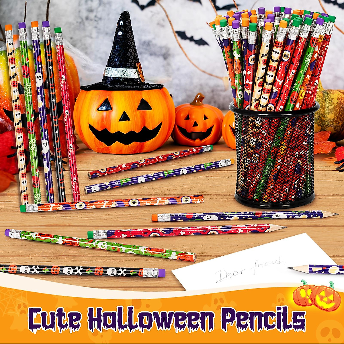 100 Pcs Halloween Pencil Assortment with Eraser, Colorful Wood Pencils in Halloween Design, Halloween Party Favors for Kids, Trick or Treat, Halloween Goodies Bags Filler, Game Prizes Classroom Reward