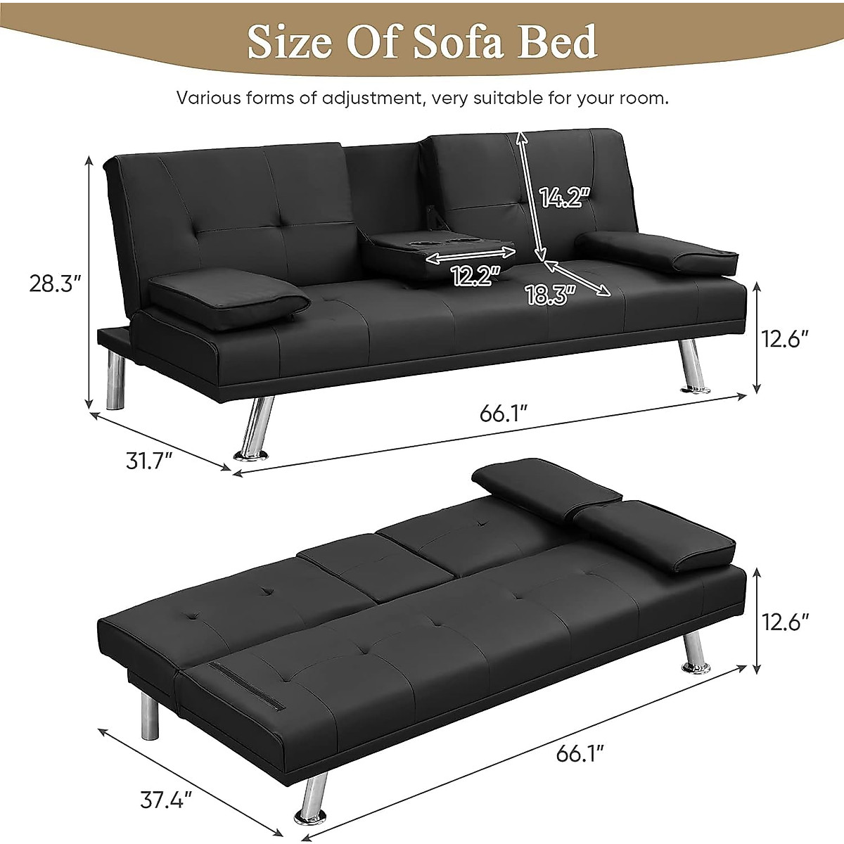 Anwickmak Convertible Futon Sofa Bed,PU Leather Modern Couch Loveseat Sleeper, Folding Daybed Guest Bed, Removable Armrests, 2 Cup Holders, Metal Legs (Black)