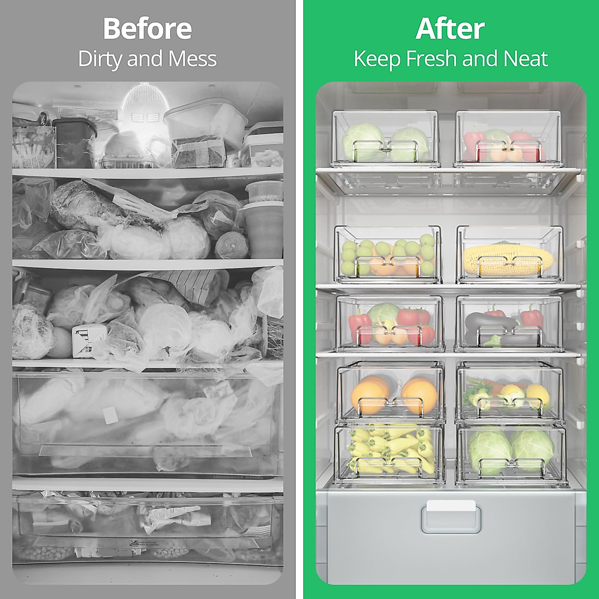 DAMYNUO 2 Pack Refrigerator Drawers - Fridge Organizer Bins Stackable Storage Drawers, Clear Refrigerator Organizing Containers Pull Out Drawer for Fruit, Vegetable Storage and Keep Fresh